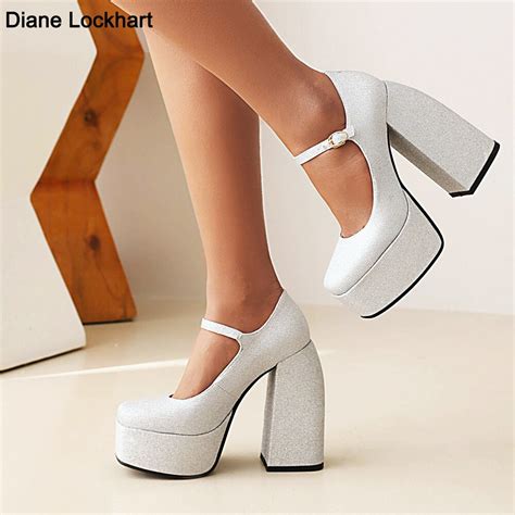 여성 펌프스 메리 제인 플랫폼 청키 145cm 하이힐 발목 스트랩 럭셔리 스팽글 드레스 파티 발굽 힐 플러스 사이즈 34 43 신발 Aliexpress