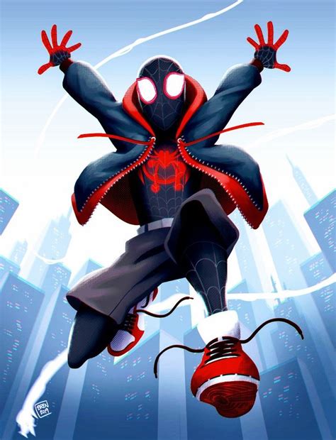A Spider Man Flying Through The Air With His Hands In The Air And