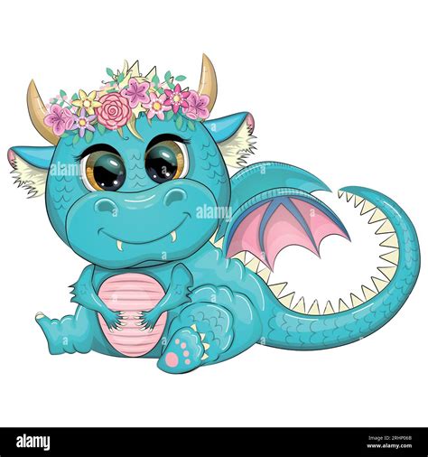 Cute Cartoon Blue Baby Dragon With Horns And Wings Symbol Of 2024
