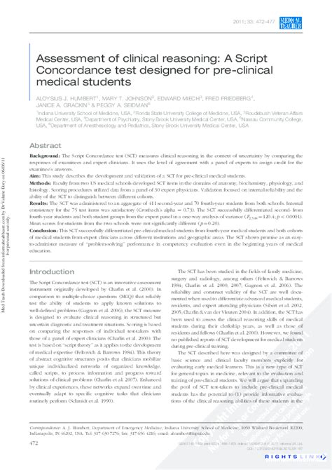 Pdf Assessment Of Clinical Reasoning A Script Concordance Test
