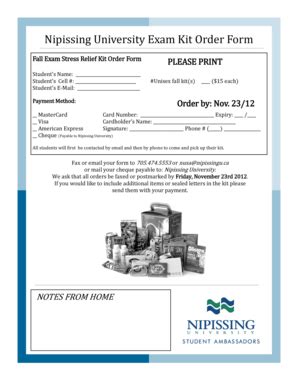 Fillable Online Nipissingu Nipissing University Exam Kit Order Form