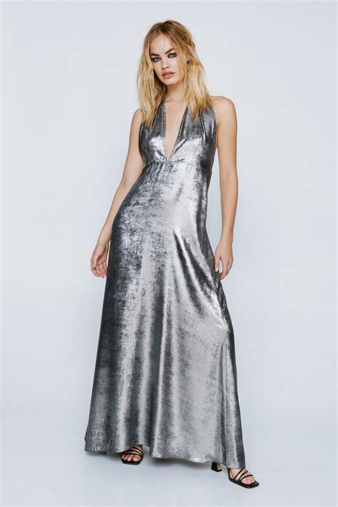 Metallic Foiled Plunge Halter Maxi Dress