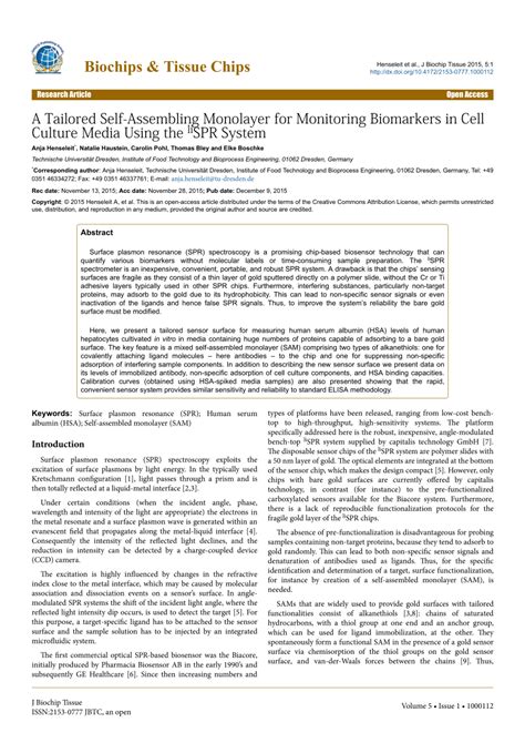 Pdf A Tailored Self Assembling Monolayer For Monitoring Biomarkers In