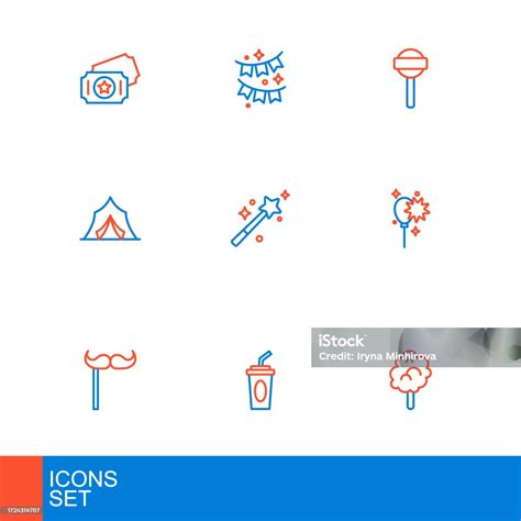 세트 라인 솜사탕 물이 든 종이 유리 콧수염 스틱 풍선 리본 서커스 텐트 마술 지팡이 롤리팝 및 카니발 화환 깃발 아이콘 벡터