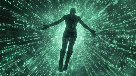 Human Silhouette Floating In Digital Cyberspace Tunnel Is Absorbing
