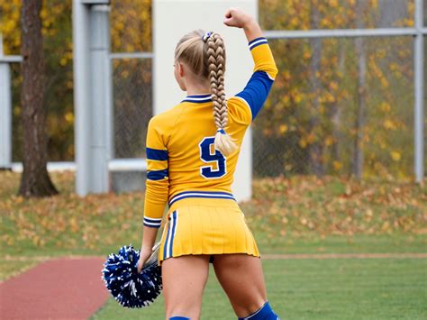 Cheerleader Yellow Uniform Knee Socks Blonde Braided Hair Bending