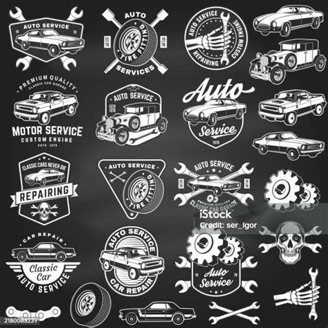 자동 서비스 로고 엠블럼 배지 및 칠판에 아이콘 세트 벡터 서비스 자동차 수리 복원 및 자동차 클럽 디자인 요소 Car Show에 대한 스톡 벡터 아트 및 기타 이미지