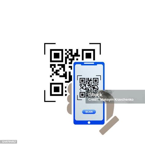 스마트 폰 화면에 Qr 코드 아이콘 핸드 홀딩 스마트 폰 벡터 일러스트레이션 Brand Name Online Messaging