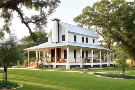 Premium Ai Image Modern Farmhouse With Wraparound Porch And Front
