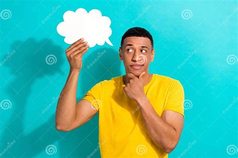 Portrait Of Minded Pensive Man Hand Touch Chin Look Empty Space Cloud Figure Card Isolated On