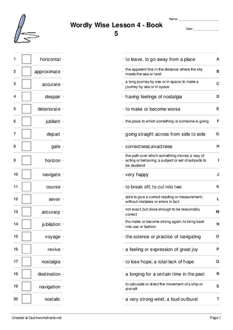 Wordly Wise Lesson 4 Book 5 Matching Pairs Worksheet Quickworksheets