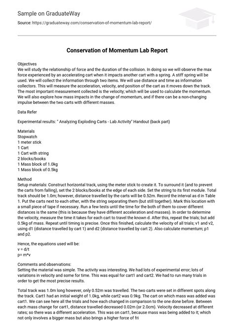⇉conservation Of Momentum Lab Report Essay Example Graduateway