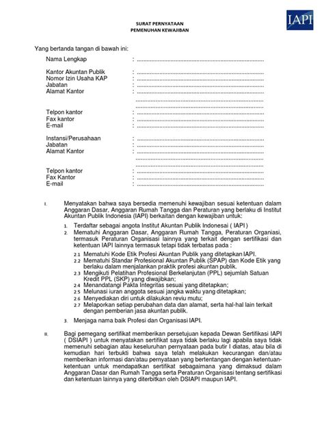 Surat Pernyataan Pemenuhan Kewajiban Anggota Iapi Pdf