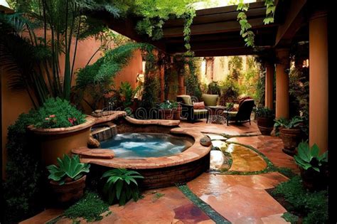 Patio With Hot Tub Surrounded By Greenery And Water Features Stock