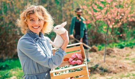 Sweet Lovely Woman Hold Rabbit Bunny And Celebrating Easter Lovely
