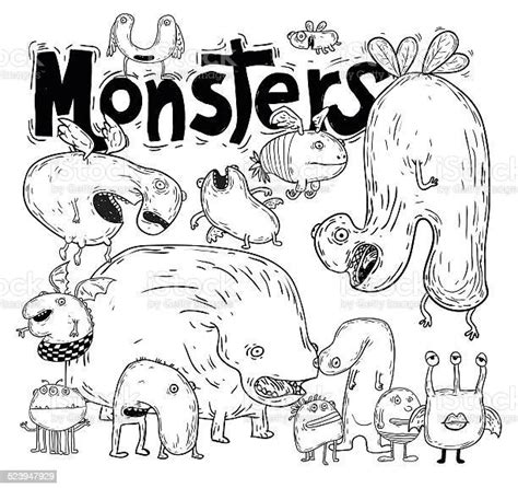 세트마다 말풍선이 있는 Monsters 벡터 일러스트레이션 귀여운에 대한 스톡 벡터 아트 및 기타 이미지 귀여운 그리기