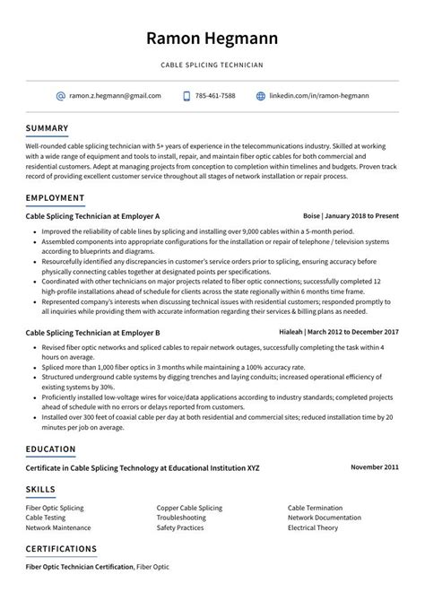 Cable Splicing Technician Resume CV Example And Writing Guide