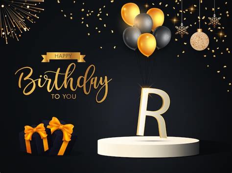 알파벳 R과 황금색 풍선이 있는 생일 디자인 프리미엄 벡터