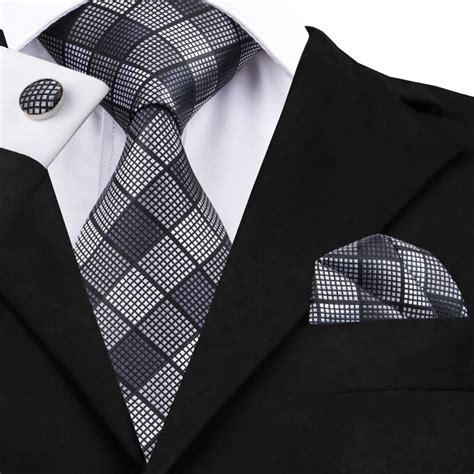Sn 1017 Tie Hanky Cufflinks Sets Black White Gray Plaid Mens 100