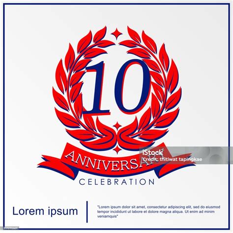 창립 10주년 기념 엠블럼 빨간 리본과 월계관으로 고립 된 기념일 로고 웹 전단지 포스터 인사말에 대 한 벡터 일러스트 레이 션 템플릿 디자인 10에 대한 스톡 벡터 아트