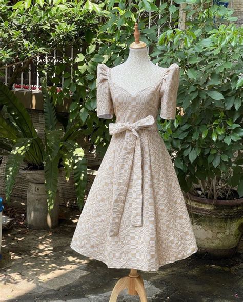 Nude Beige Inabel Handwoven Filipiniana Dress With Belt For Rent On