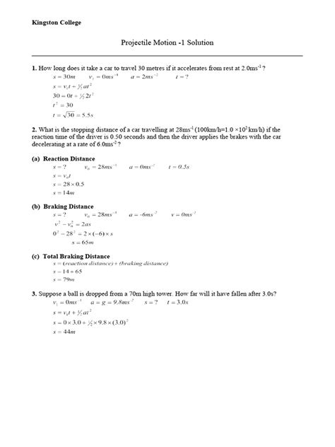 Worksheet Projectile Motion 1 Solution Pdf Acceleration Velocity