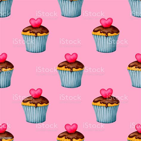 분홍색 배경에 컵케이크가 있는 매끄러운 아버지 발렌타인 데이 생일 결혼식 기념일을위한 수채화 디자인 포장 포장 문구류 직물 직물에 인쇄하는 데 이상적입니다 결혼식에 대한