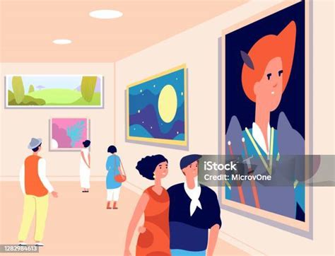 미술관 현대 미술 전시회 현대 갤러리 예술 회화를 보는 사람들 소풍 박람회 벡터 일러스트레이션 회화에 대한 스톡 벡터 아트 및 기타 이미지 Istock
