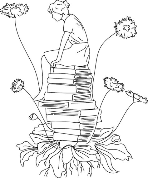 Premium Vector Line Art Girl Sit On Books