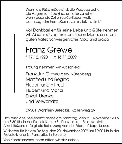 Traueranzeigen Von Franz Grewe Trauer In Nrw De