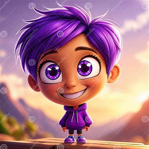 Purple Haired Cartoon Character With Big Eyes And A Smile Stock