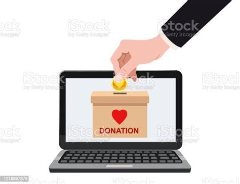 온라인 결제를 기부합니다 노트북 Pc 디스플레이의 기부 상자에 돈 금화를 넣습니다 자선 기금 모금 개념입니다 벡터 일러스트레이션