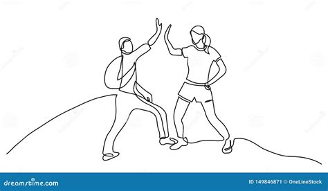 Un Disegno A Tratteggio Continuo Di Due Giovani Campeggiatori Allegri