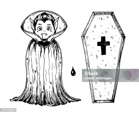 할로윈 뱀파이어 스케치 일러스트레이션 즐거운 할로윈 보내세요 뱀파이어와 그의 관 손으로 그린 벡터 일러스트레이션 관 제작물에 대한 스톡 벡터 아트 및 기타 이미지 Istock