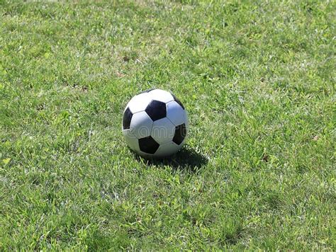 Le Ballon De Football Se Trouve Sur La Pelouse Verte Photo Stock