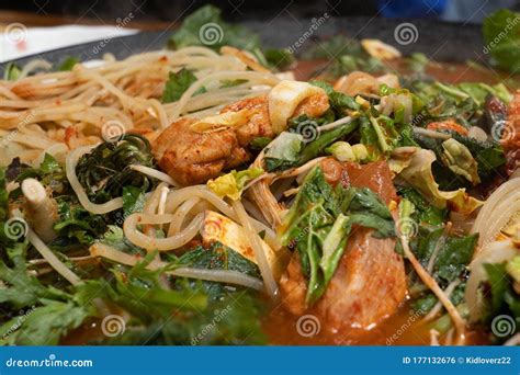 Korean Spicy Chicken Stir Fry Dak Galbi Being Boiled On A Large Hot