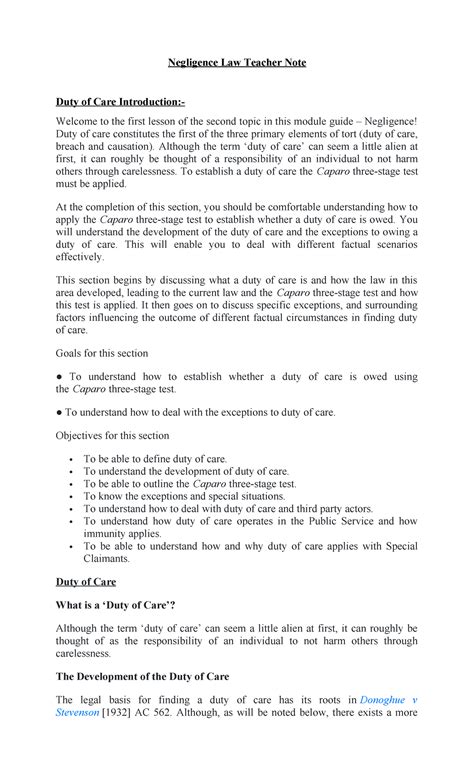 Duty Of Care Negligence Law Teacher Negligence Law Teacher Note