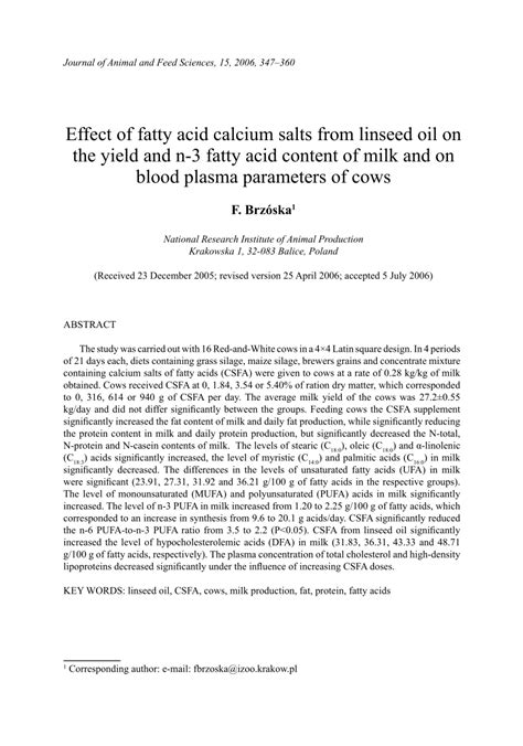 Pdf Effect Of Fatty Acid Calcium Salts From Linseed Oil On The Yield And N 3 Fatty Acid
