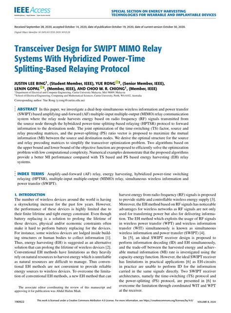Pdf Transceiver Design For Swipt Mimo Relay Systems With Hybridized Power Time Splitting Based