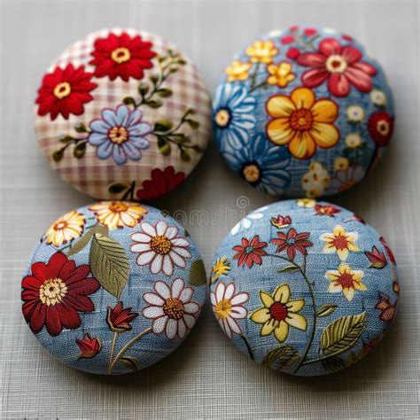 Assorted Fabric Covered Buttons With Various Patterns And Designs Stock
