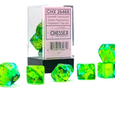 Polyhedral 7 Dice Set Gemini Translucent Green Tealyellow
