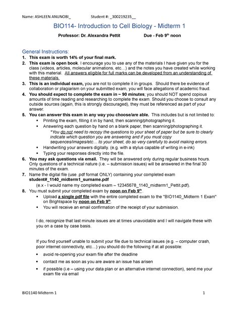 BIO1140 2021 Midterm 1 Introduction To Cell Biology BIO1140 BIO114 Introduction To Cell