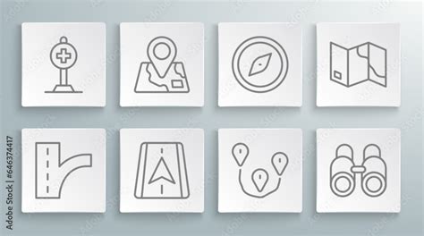 Set Line Road Traffic Sign Folded Map With Location Marker City Navigation Route Binoculars