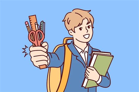 초등학교 의 작은 소년 은 웃으며 서류 와 책 들 을 배 ⁇ 과 함께 서서 보여준다 프리미엄 벡터