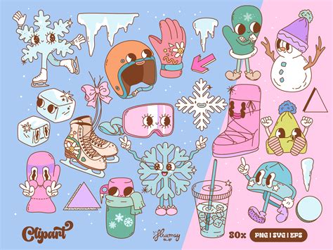 Retro Winter Sports Clipart Bundle Groovy Retro Characters Vector