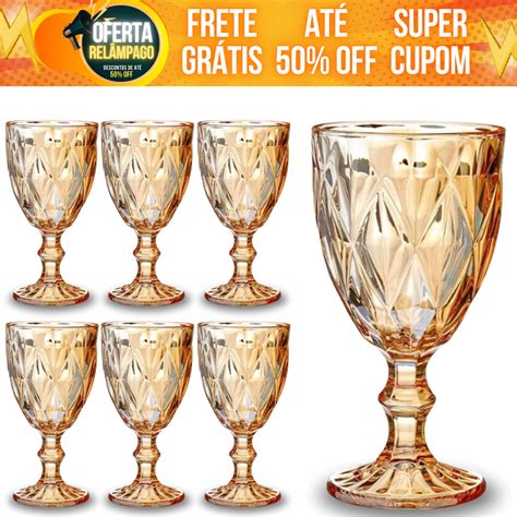 Jogo 6 Taça Diamante Copo Vidro Ouro Ambar Bico De Jaca 330ml Shopee