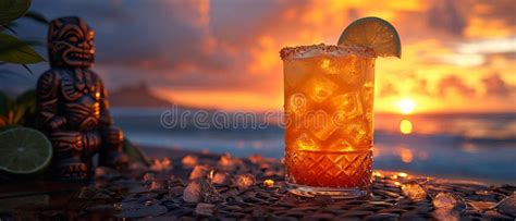 Mai Tai With A Backdrop Of Polynesian Tiki Statues And A Pacific Island