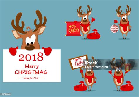 재미 있는 순 록 함께 메리 크리스마스 인사말 카드입니다 벡터 일러스트 레이 션의 설정 순록에 대한 스톡 벡터 아트 및 기타 이미지 순록 유머 무스 사슴과 Istock