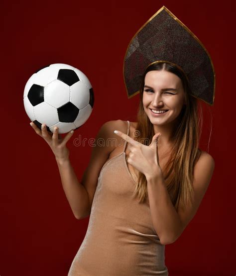 Ruusian Style Fan Sport Woman Player In Kokoshnik Hold Soccer Ball