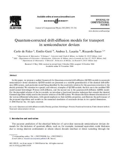 Pdf Quantumcorrected Driftdiffusion Models For Transport In Semiconductor Devices Riccardo